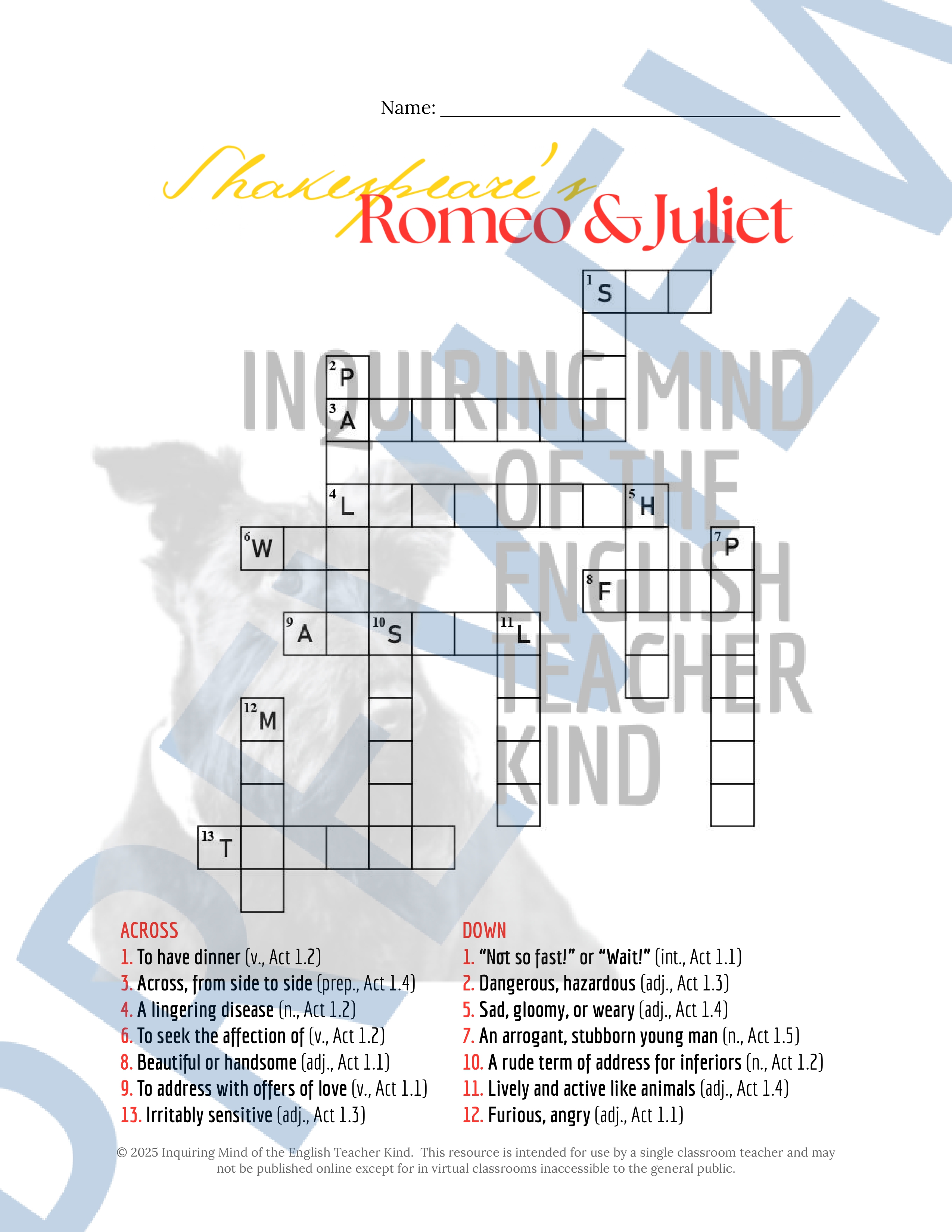 Shakespeare's Romeo and Juliet Act 1 Vocabulary Activities | Teaching ...