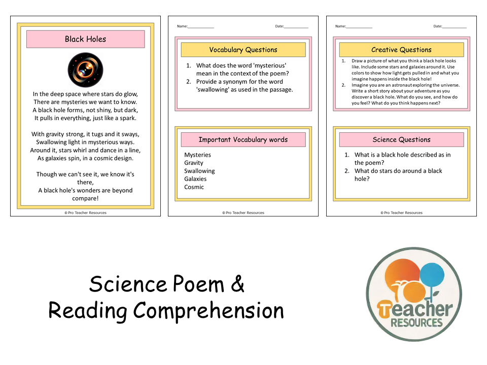 Black Holes Poem Reading Comprehension Questions Worksheet | Teaching ...