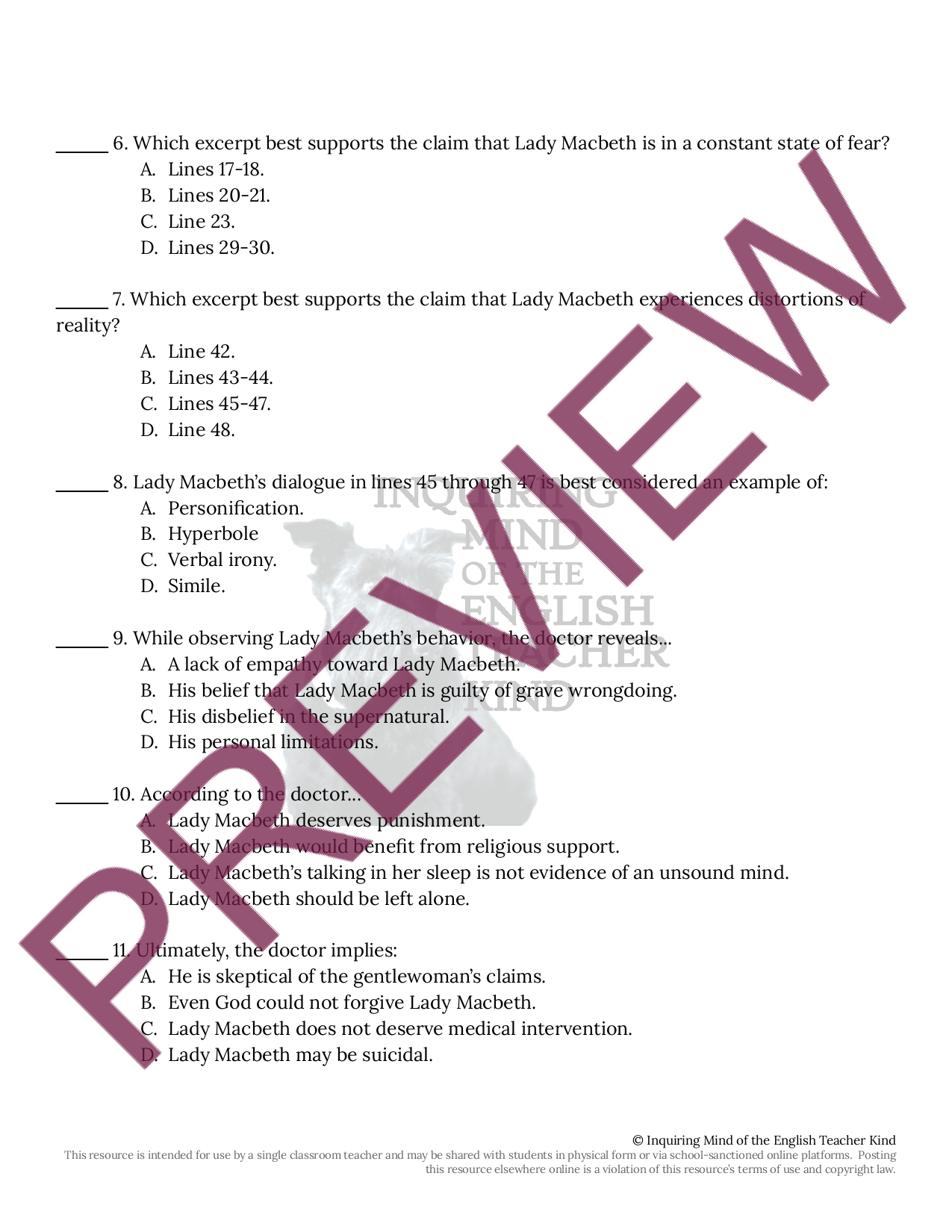 Macbeth Act 5 Scene 1 Close Reading Worksheet | Teaching Resources