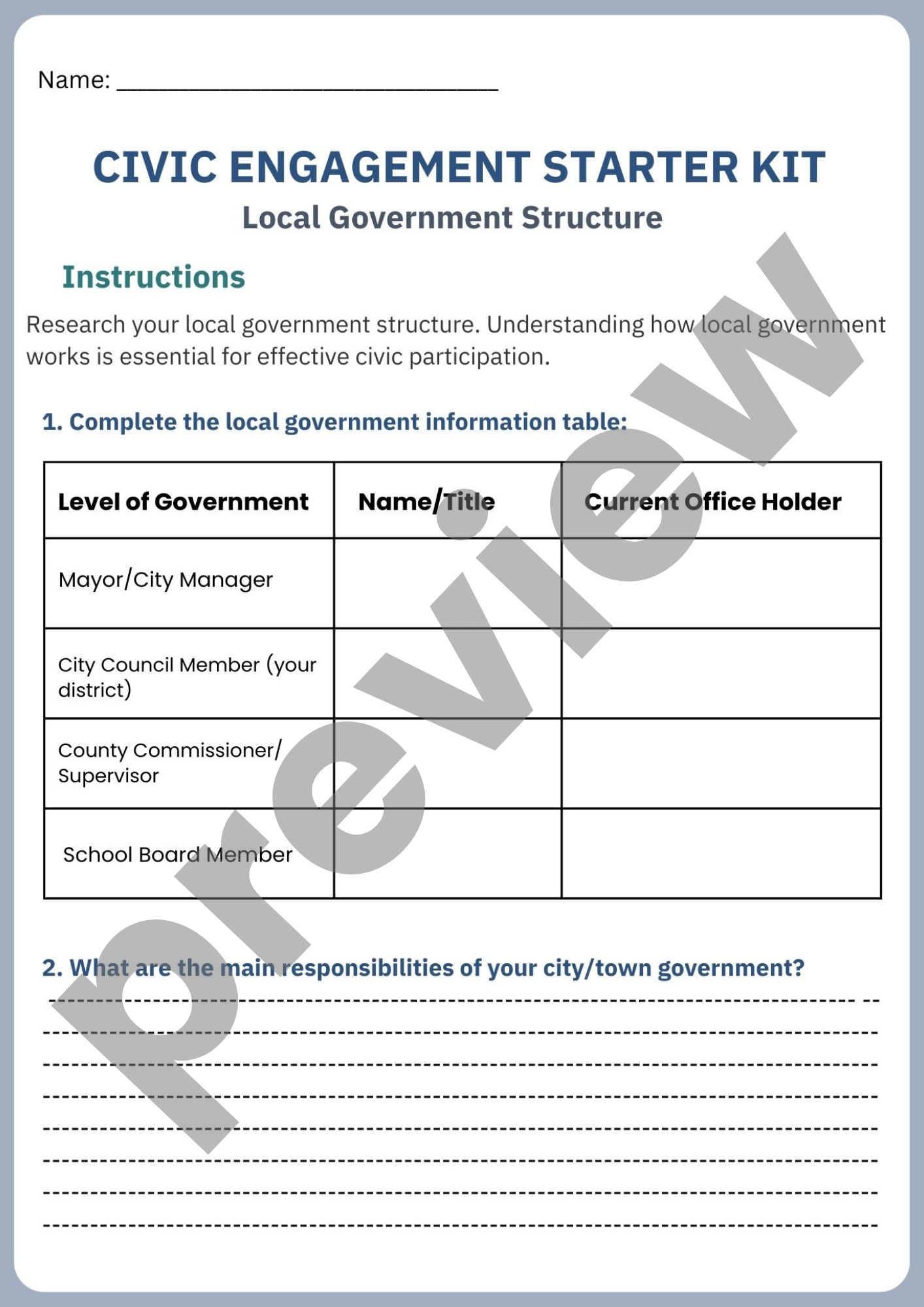 Local Government Structure Research Worksheet | High School Civics ...