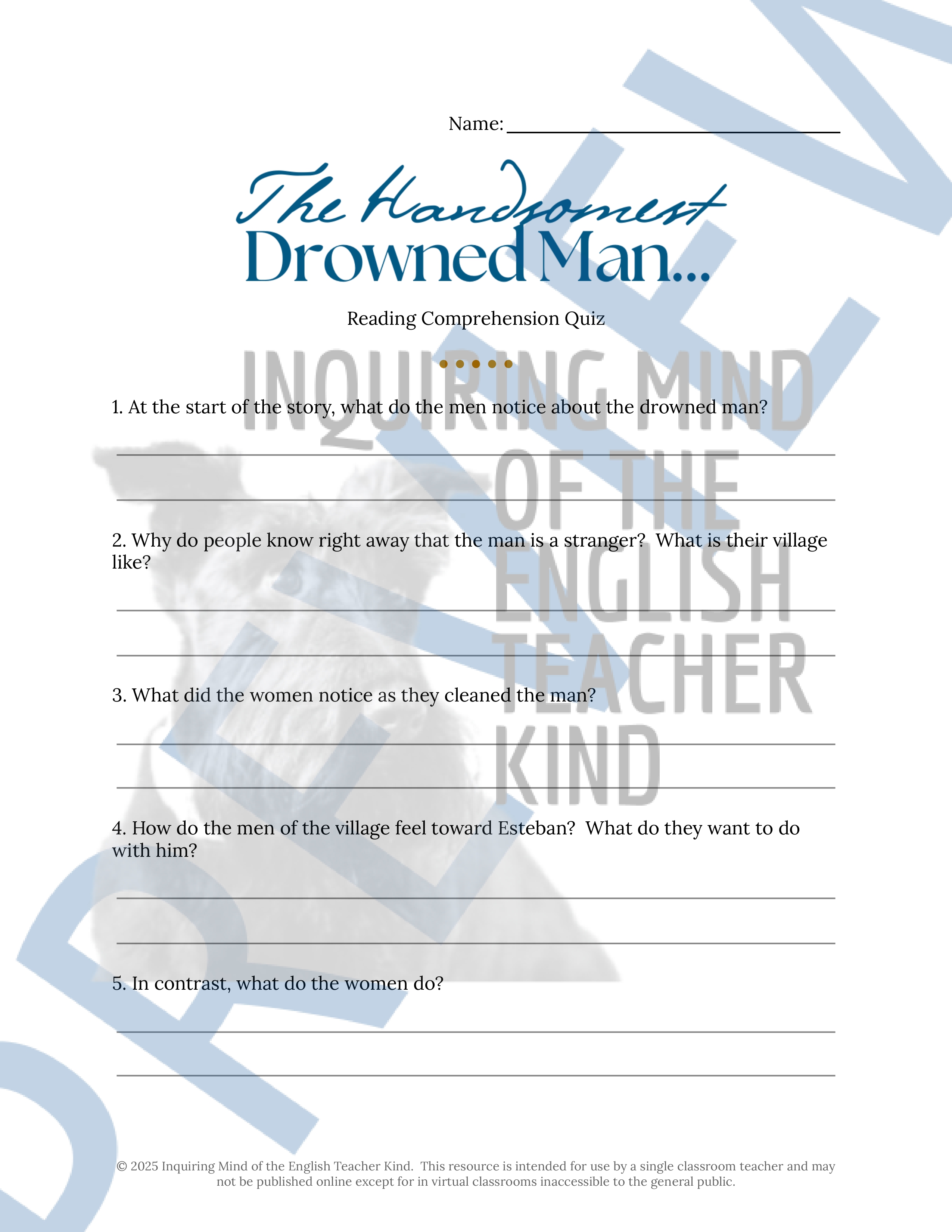 "The Handsomest Drowned Man in the World" Quiz and Answer Key ...