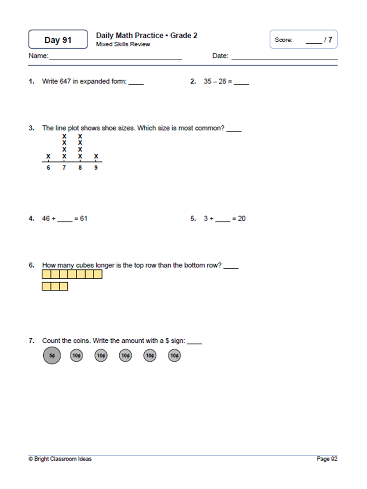 Grade 2 Daily Math Practice | 180 Days of Spiral Review Worksheets ...