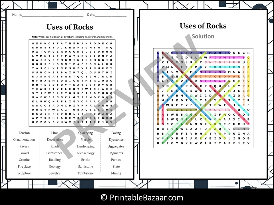 Uses of Rocks Word Search Puzzle Worksheet Activity | Teaching Resources