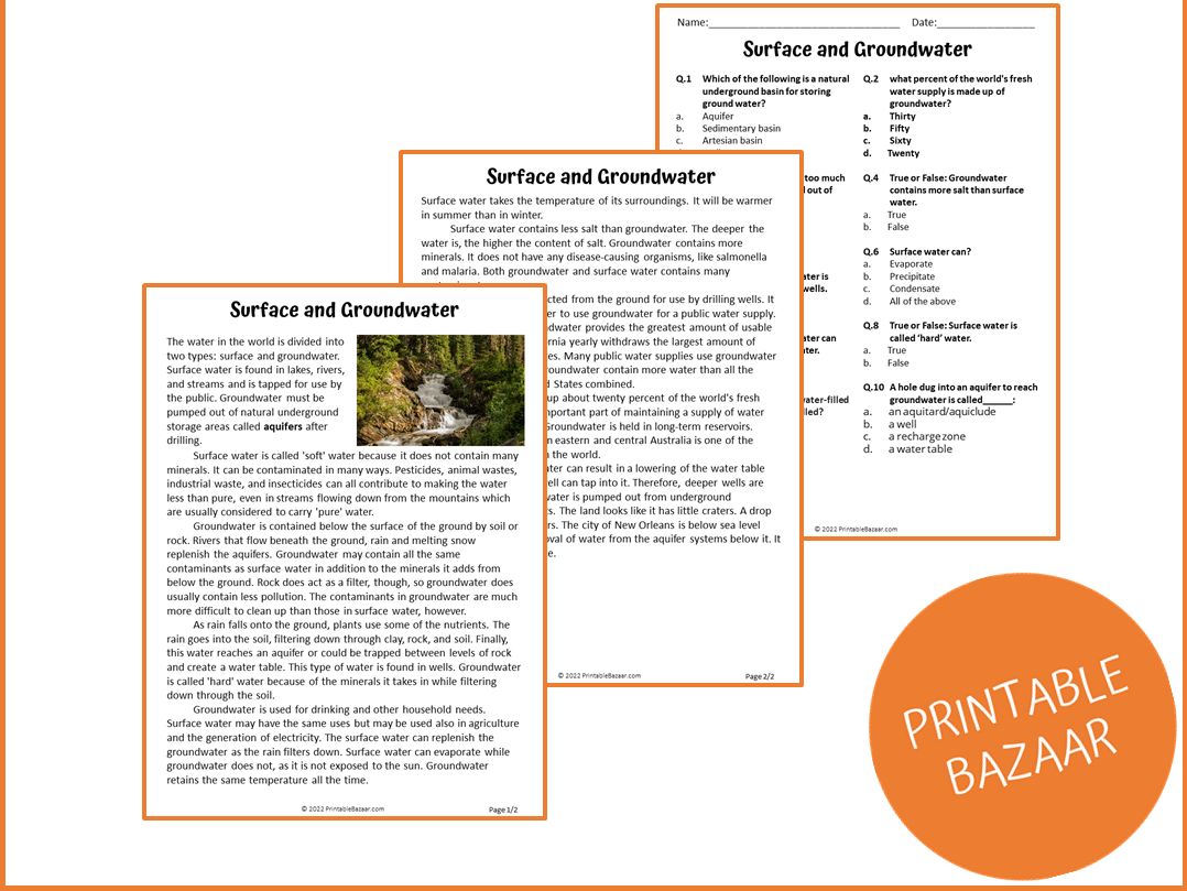 Surface and Groundwater Reading Comprehension Passage and Questions ...