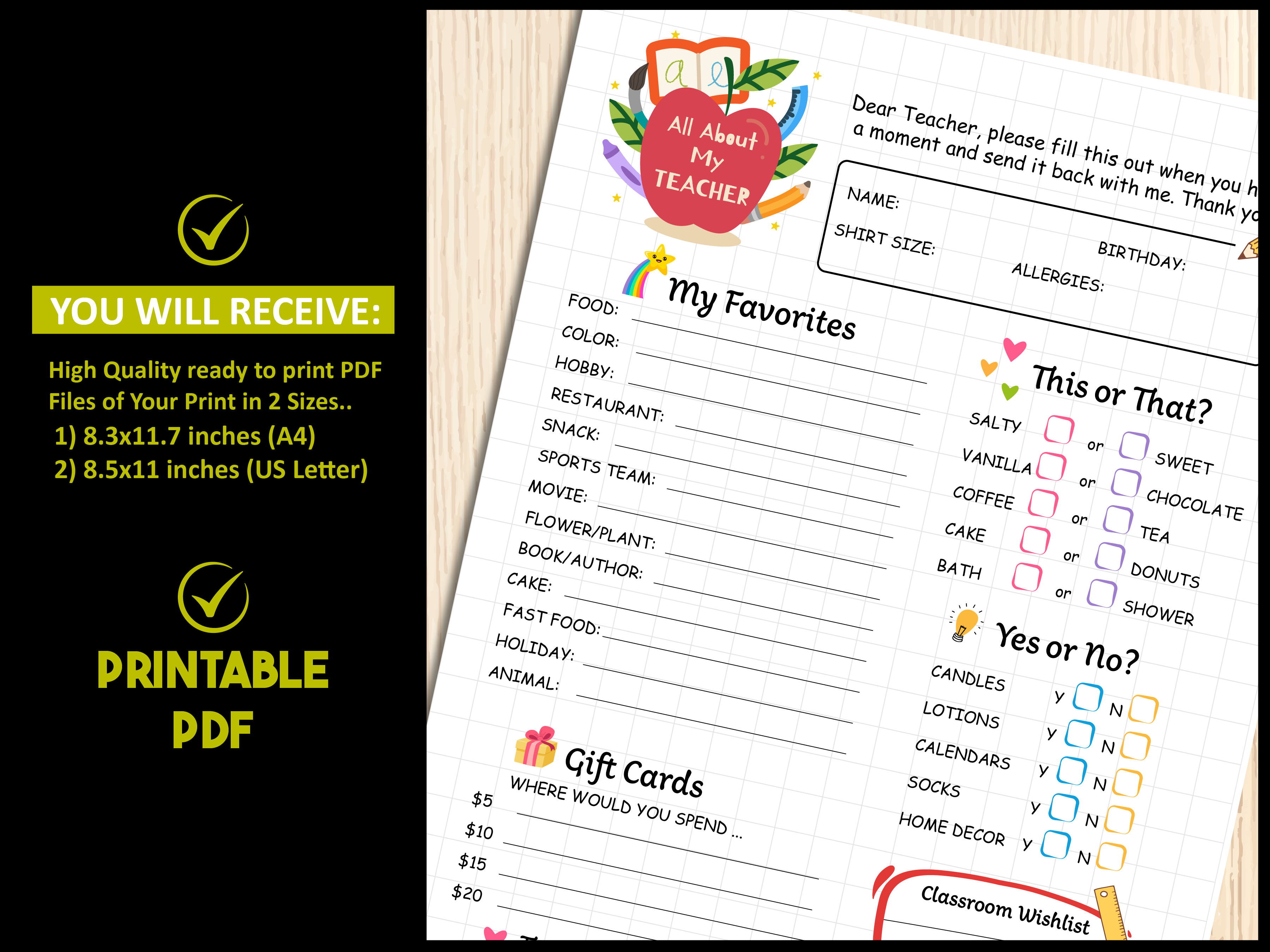 All About My Teacher Printable | Teacher Favorites & Get to Know Me ...