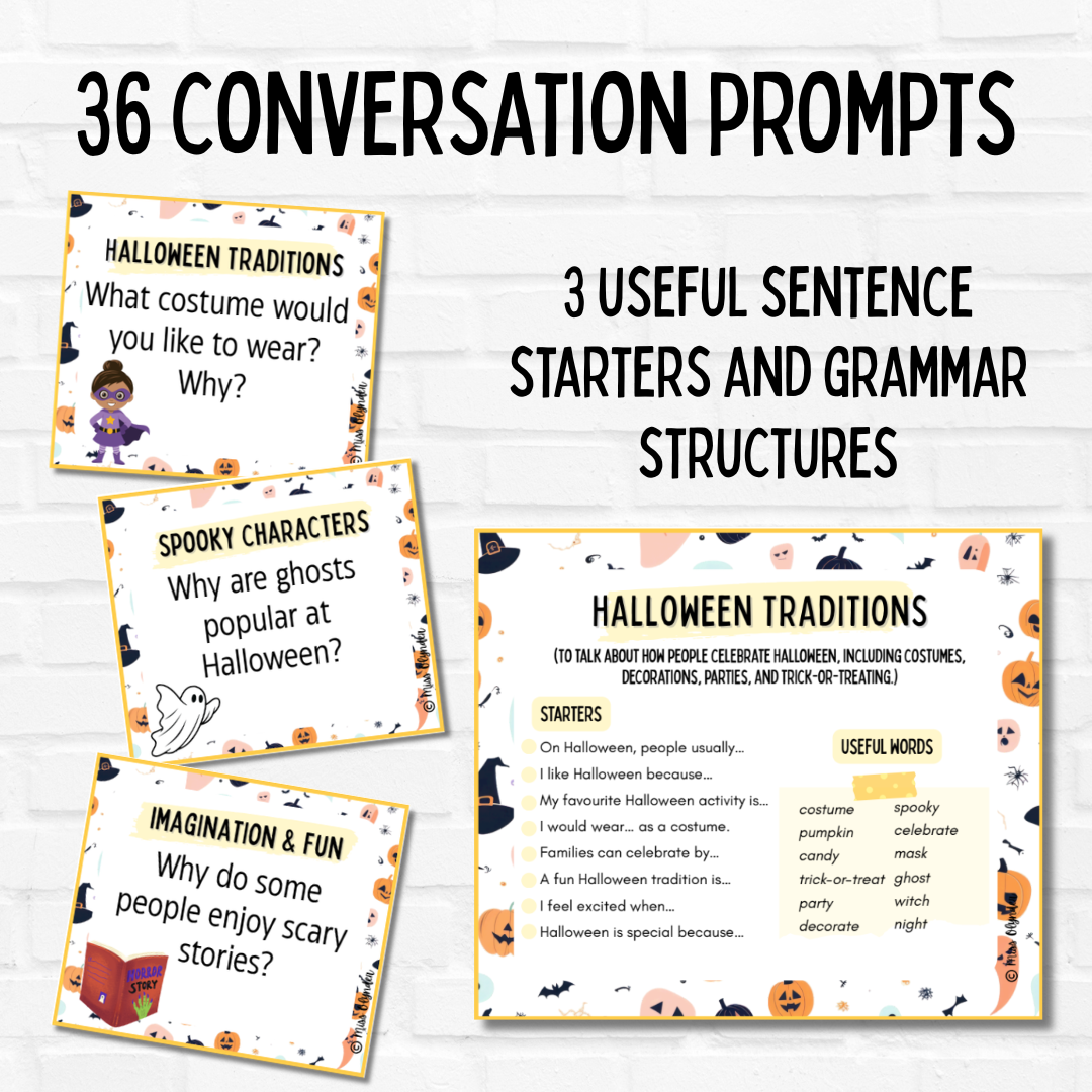 Halloween Speaking Activities – ESL Conversation Cards with Sentence ...