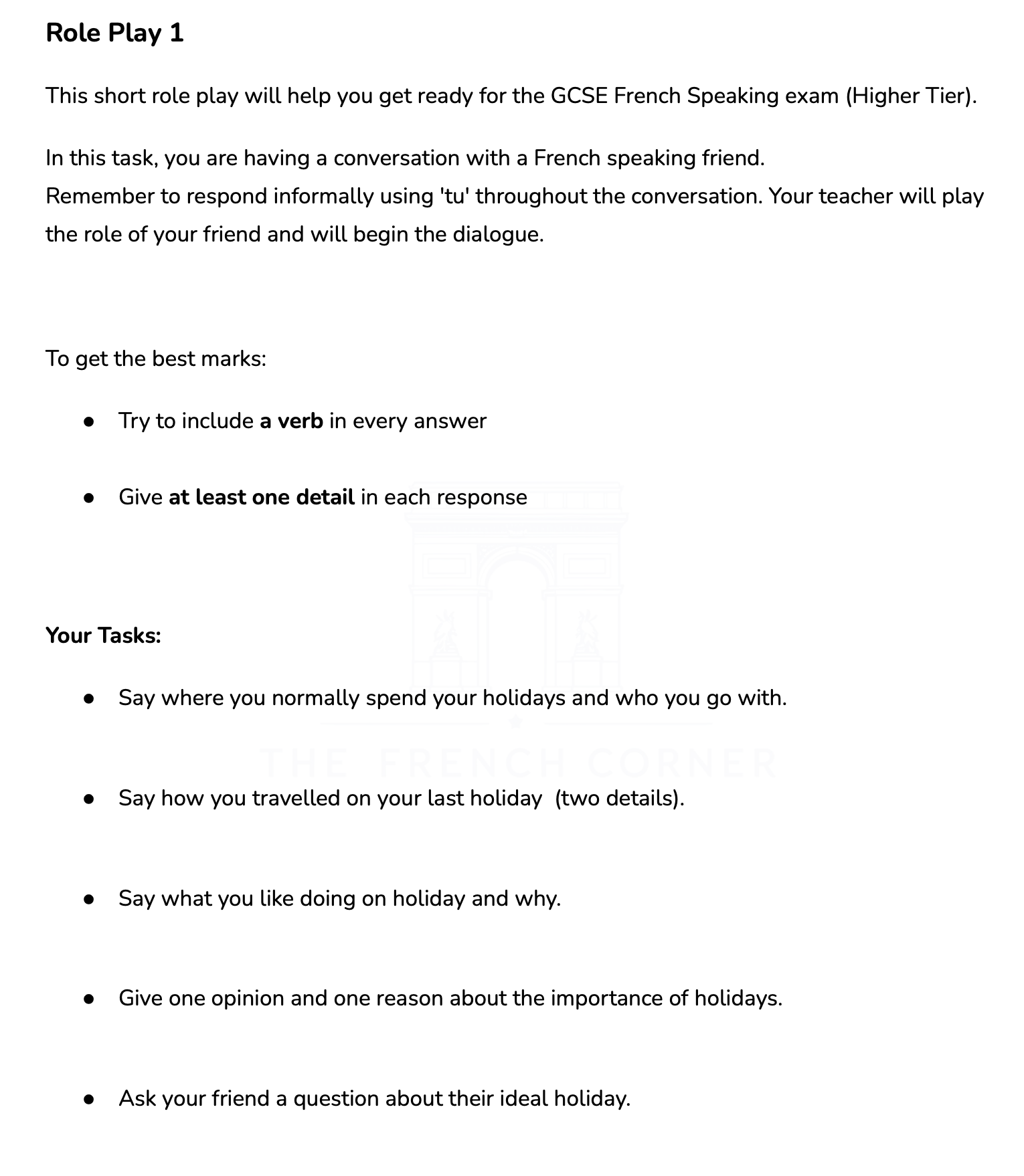 2026 AQA GCSE French Speaking Higher Tier Role Play | Teaching Resources