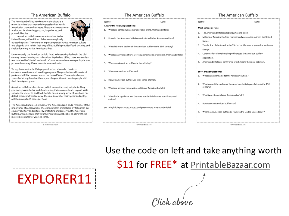 The American Buffalo Reading Comprehension Passage Printable Worksheet ...