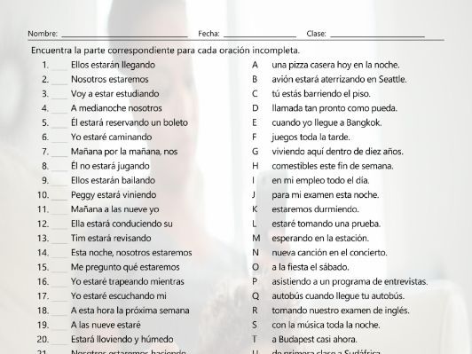Future Continuous Tense Sentence Match Spanish Worksheet | Teaching ...