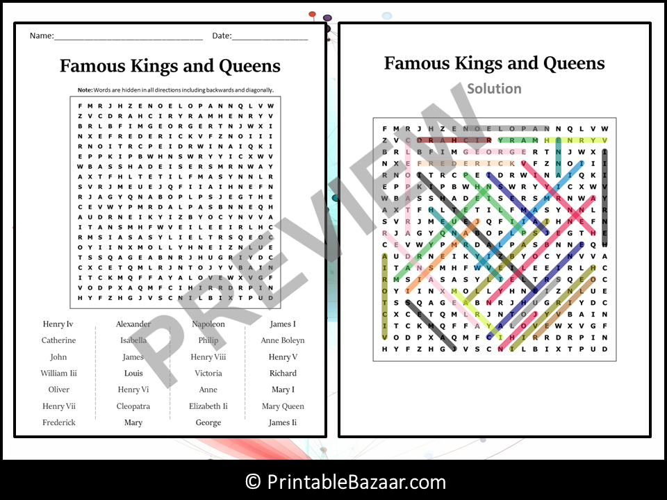 Famous Kings and Queens Word Search Puzzle Worksheet Activity ...
