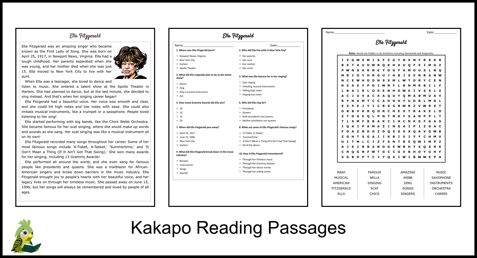 Ella Fitzgerald Reading Comprehension and Word Search | Teaching Resources