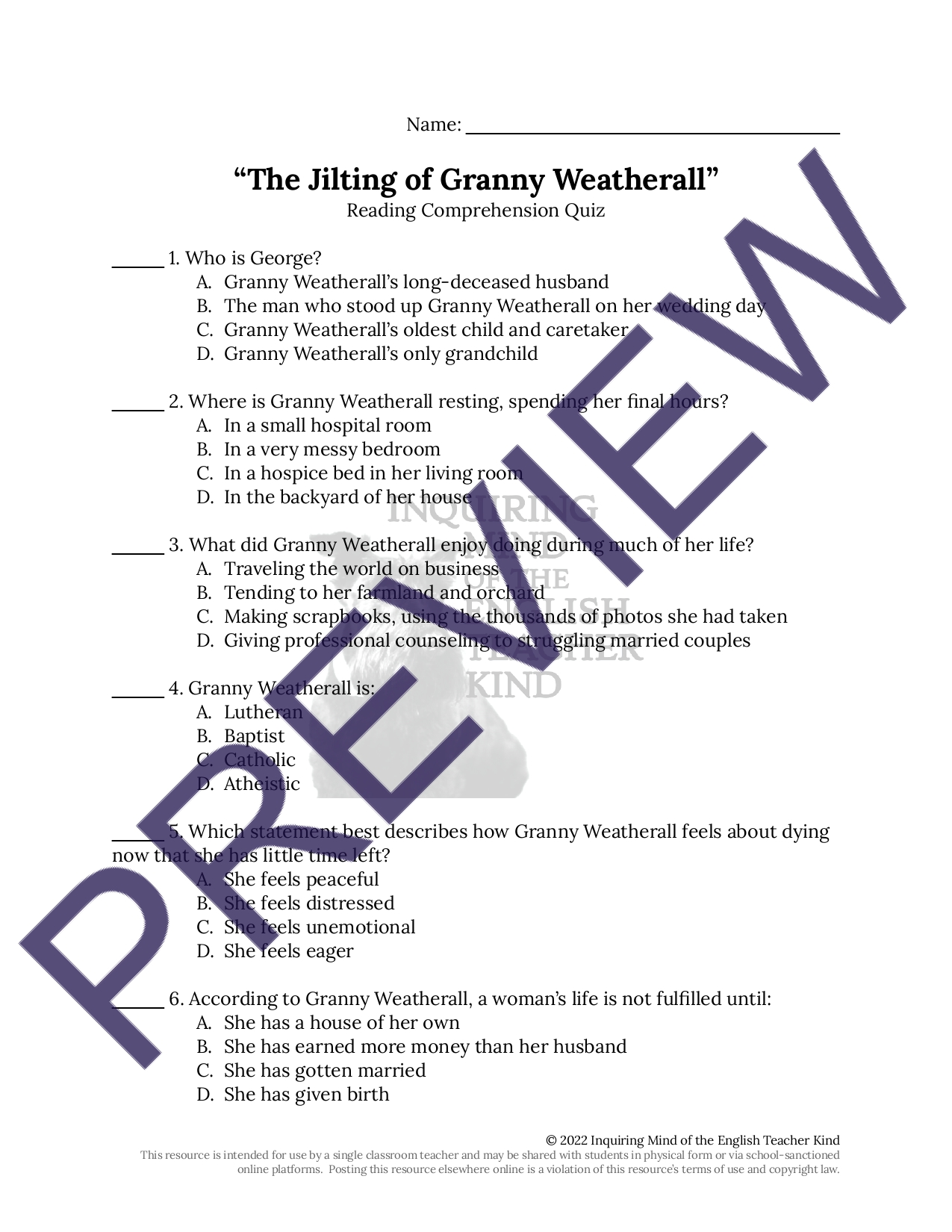 “The Jilting of Granny Weatherall” by Katherine Anne Porter Quiz and ...