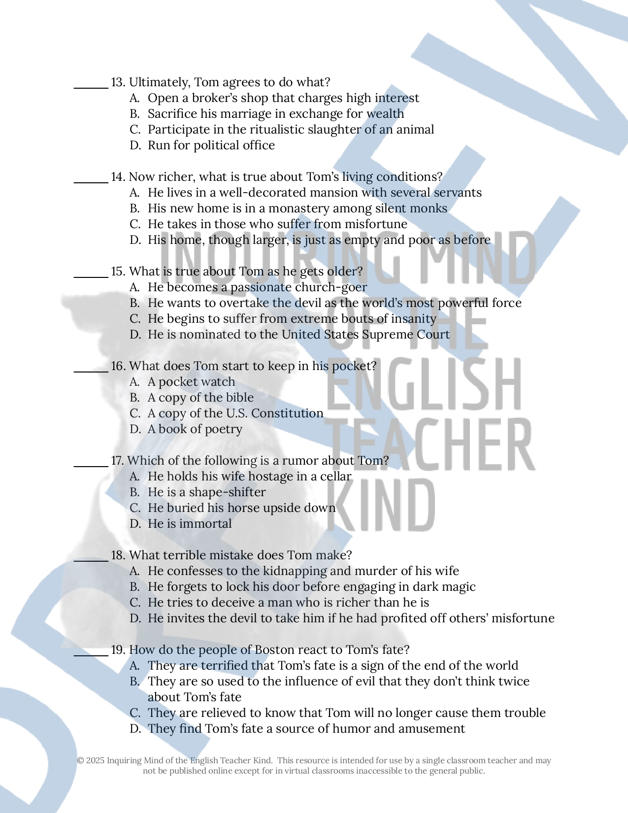 "The Devil and Tom Walker" by Washington Irving Quiz and Answer Key ...