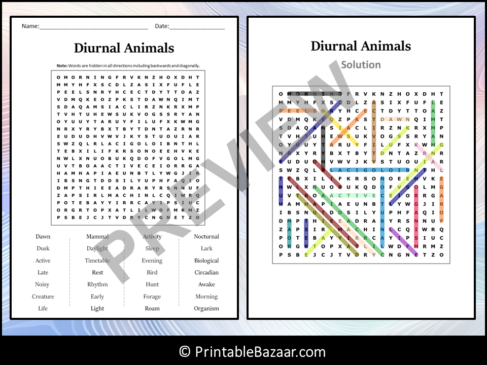Diurnal Animals Word Search Puzzle Worksheet Activity | Teaching Resources