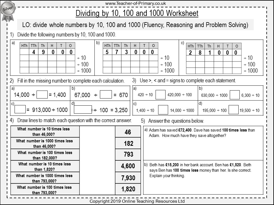 Dividing by 10, 100 and 1000 - Year 5 | Teaching Resources