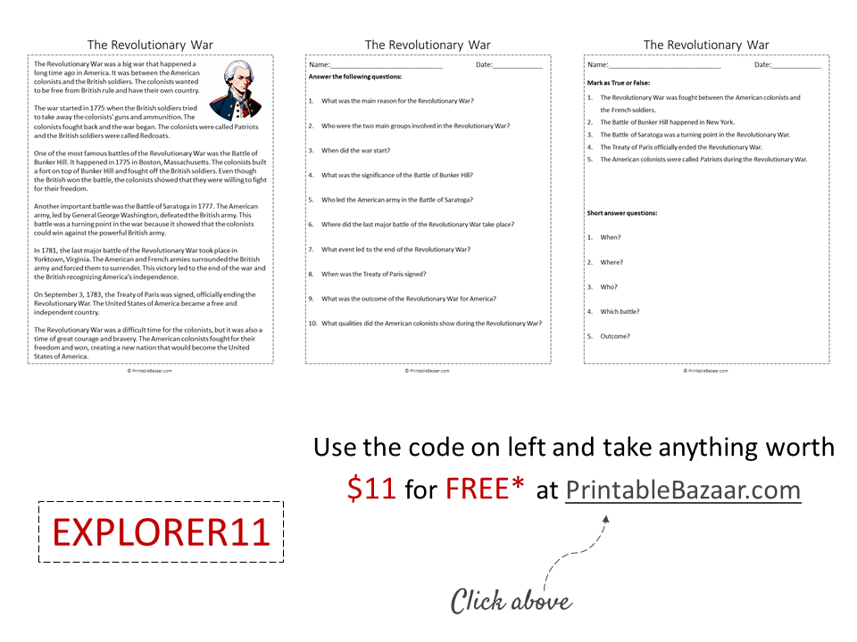 The Revolutionary War Reading Comprehension Passage Printable Worksheet ...