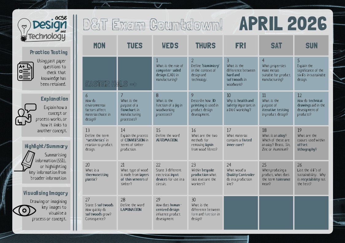 GCSE D&T Revision: Exam Question Countdown Calendar 2026 KS4 | Teaching ...