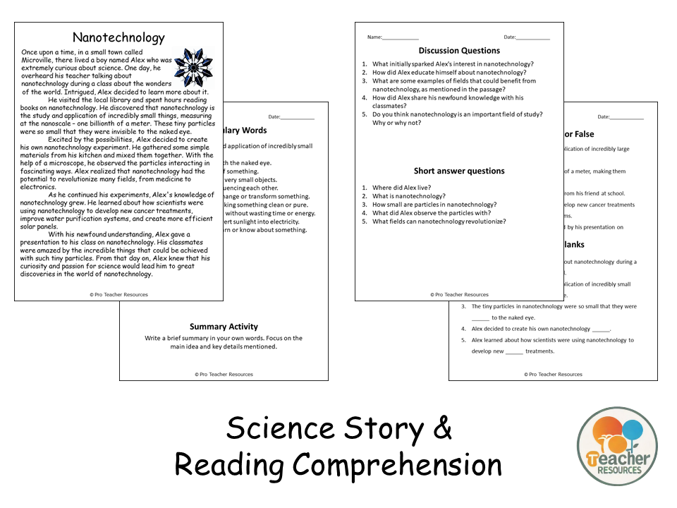 Nanotechnology Reading Science Story Comprehension Questions Worksheet ...