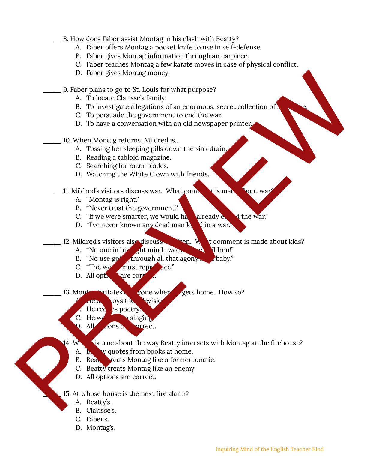 Fahrenheit 451 Quiz On Part 2 Teaching Resources