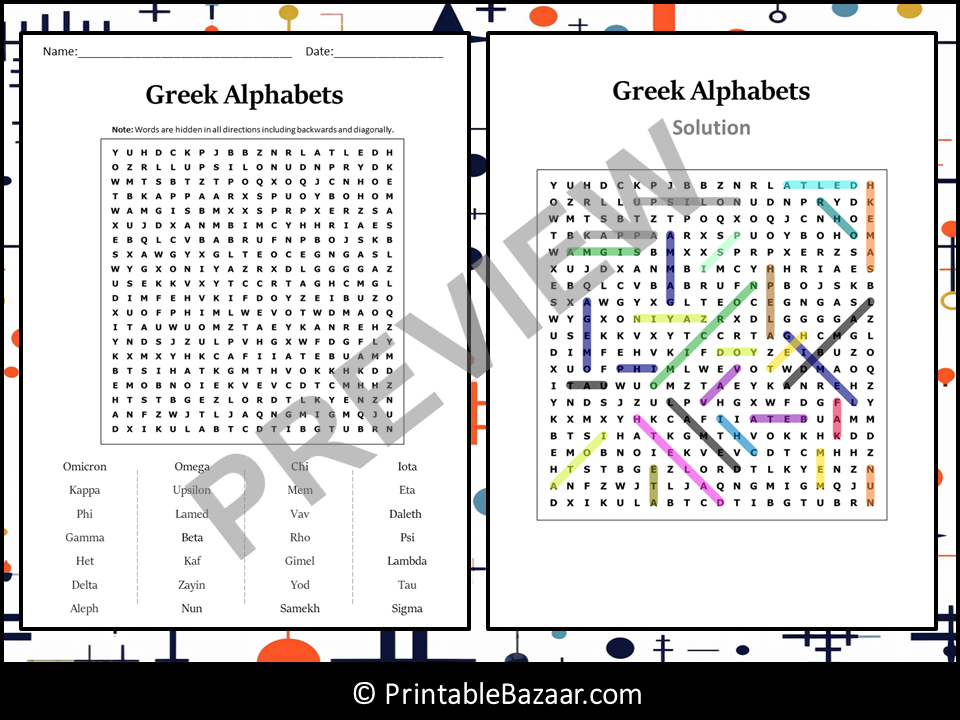 GREEK ALPHABET Word Search Puzzle Worksheets Activities For Kids