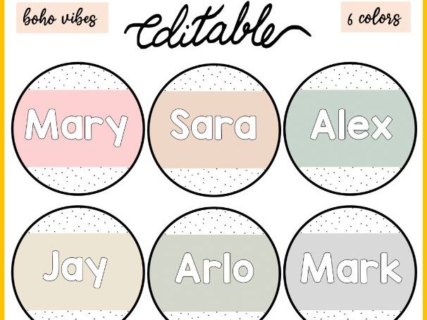 Printable Boho Dotty Student Name Labels, Calm Colors Classroom Labels ...