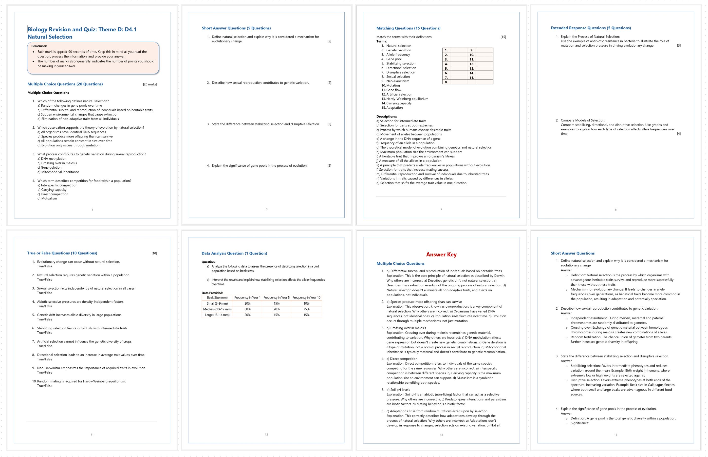 IB DP Biology D4.1 Natural Selection Quiz and Revision Worksheets 2026 ...