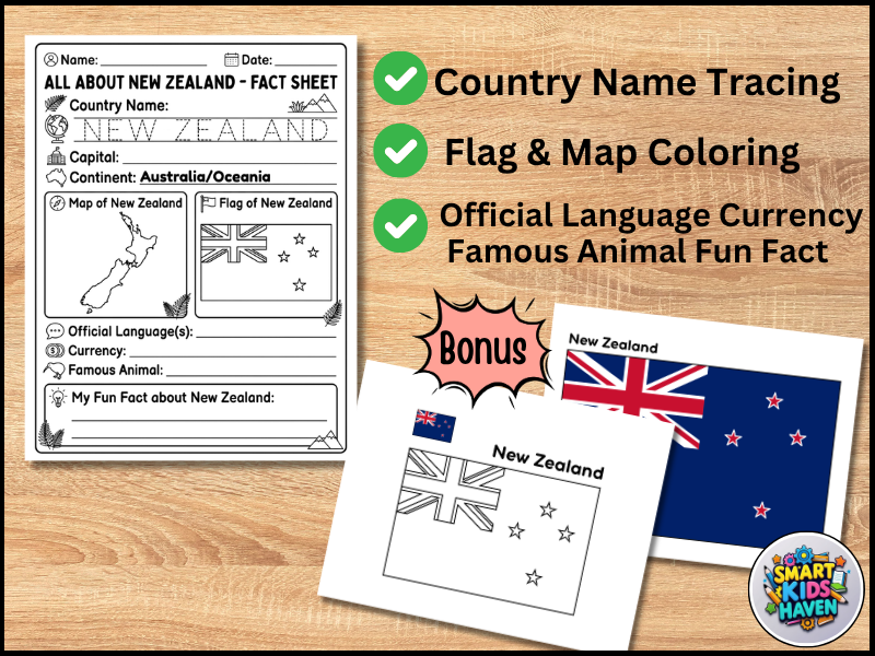 New Zealand Map and Flag Country Study Research Project Worksheet ...