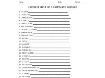 Seafood and Fish Grades Word Scramble for Food Science | Teaching Resources
