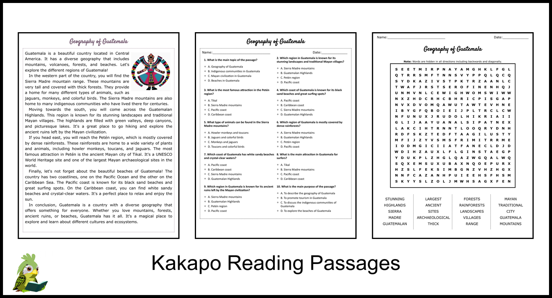 Geography of Guatemala Reading Comprehension and Word Search | Teaching ...
