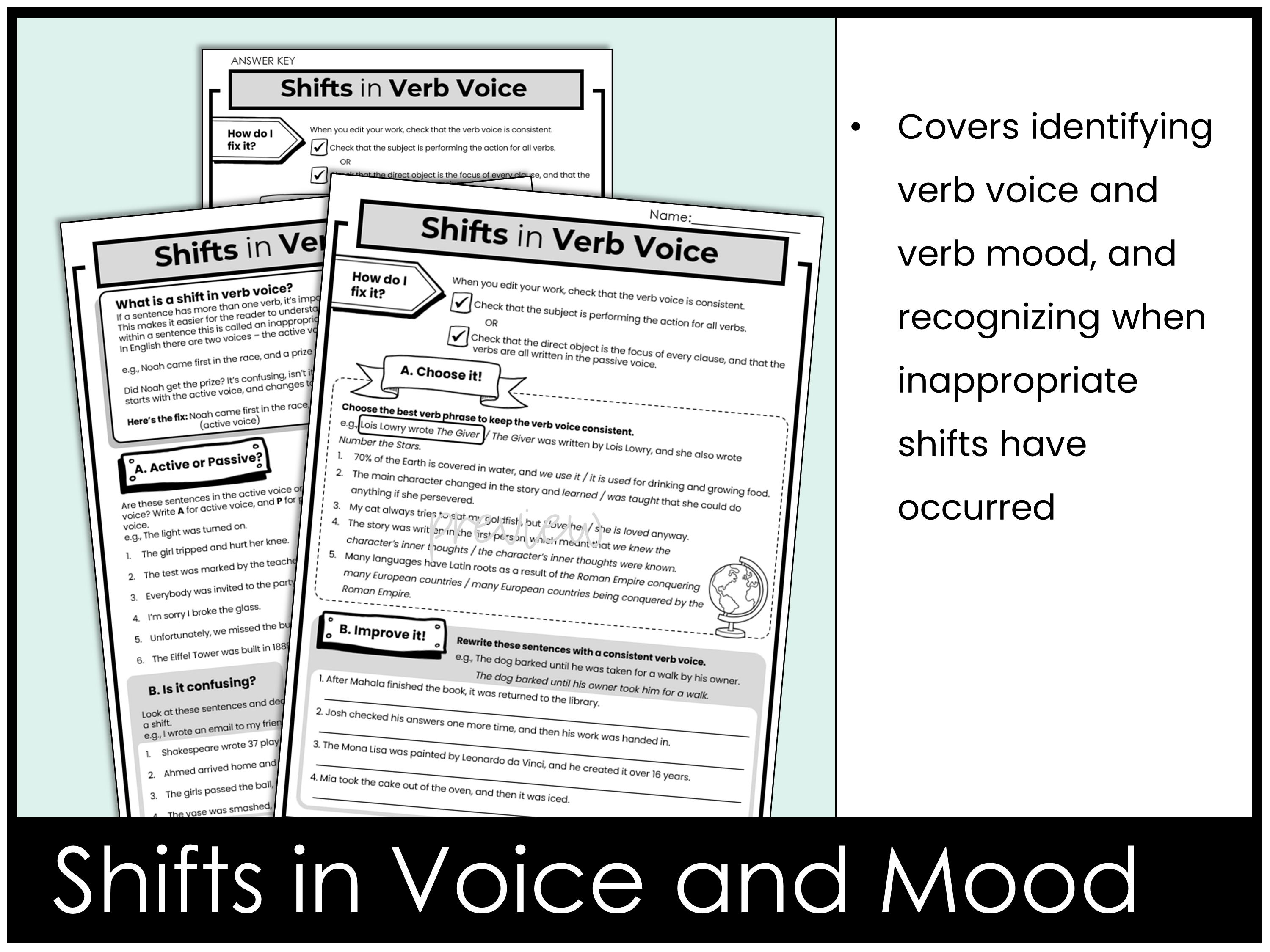 Shift in Verb Voice and Mood Digital Worksheets Year 7, 8, 9, 10 ...