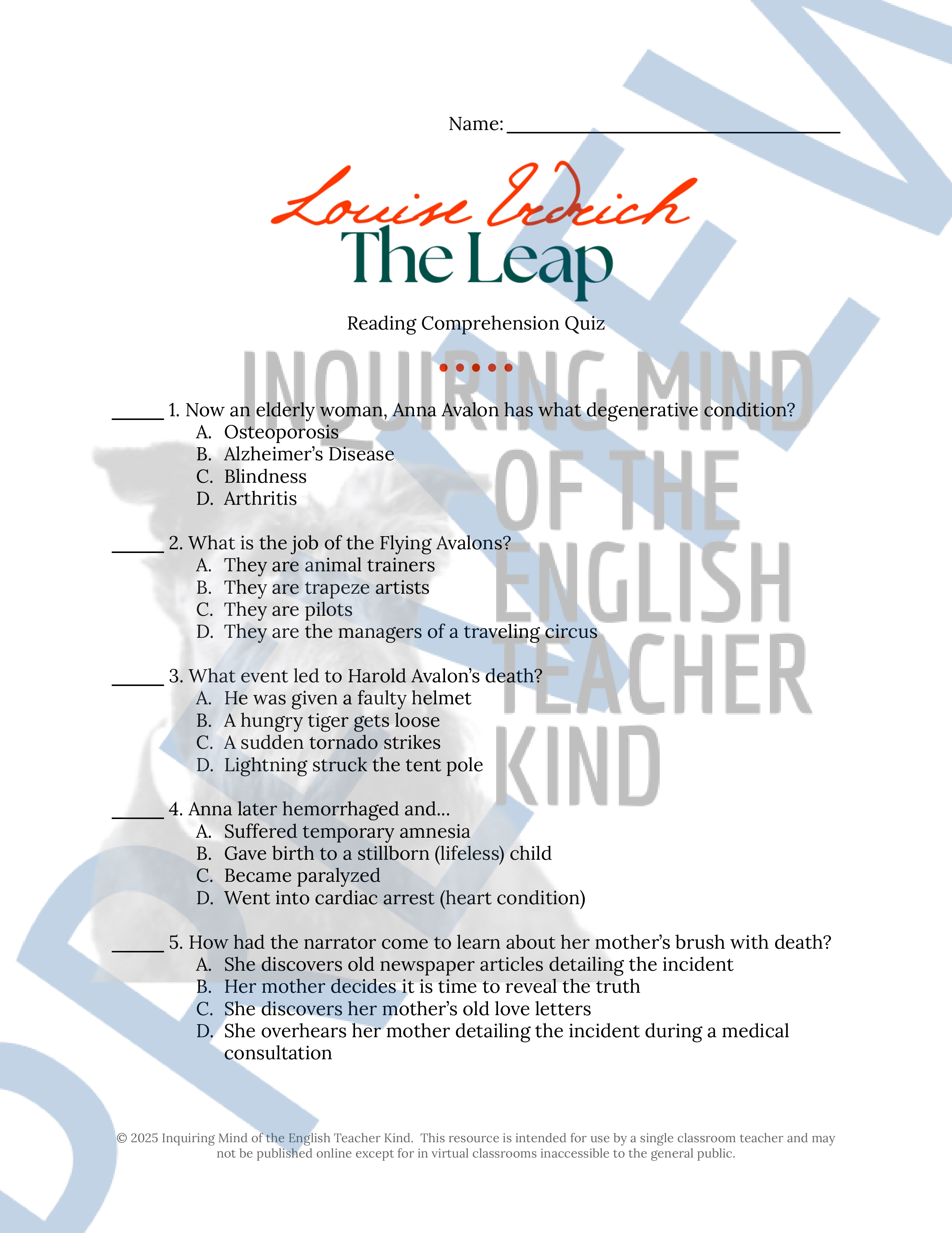 “The Leap” by Louise Erdrich Quiz and Answer Key (Short Story ...