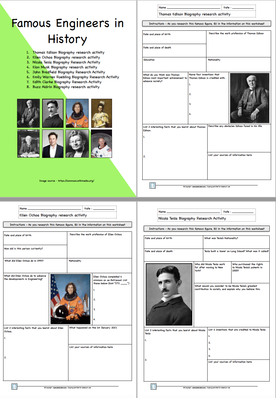 Famous Engineers in History Research Worksheet Set | Teaching Resources