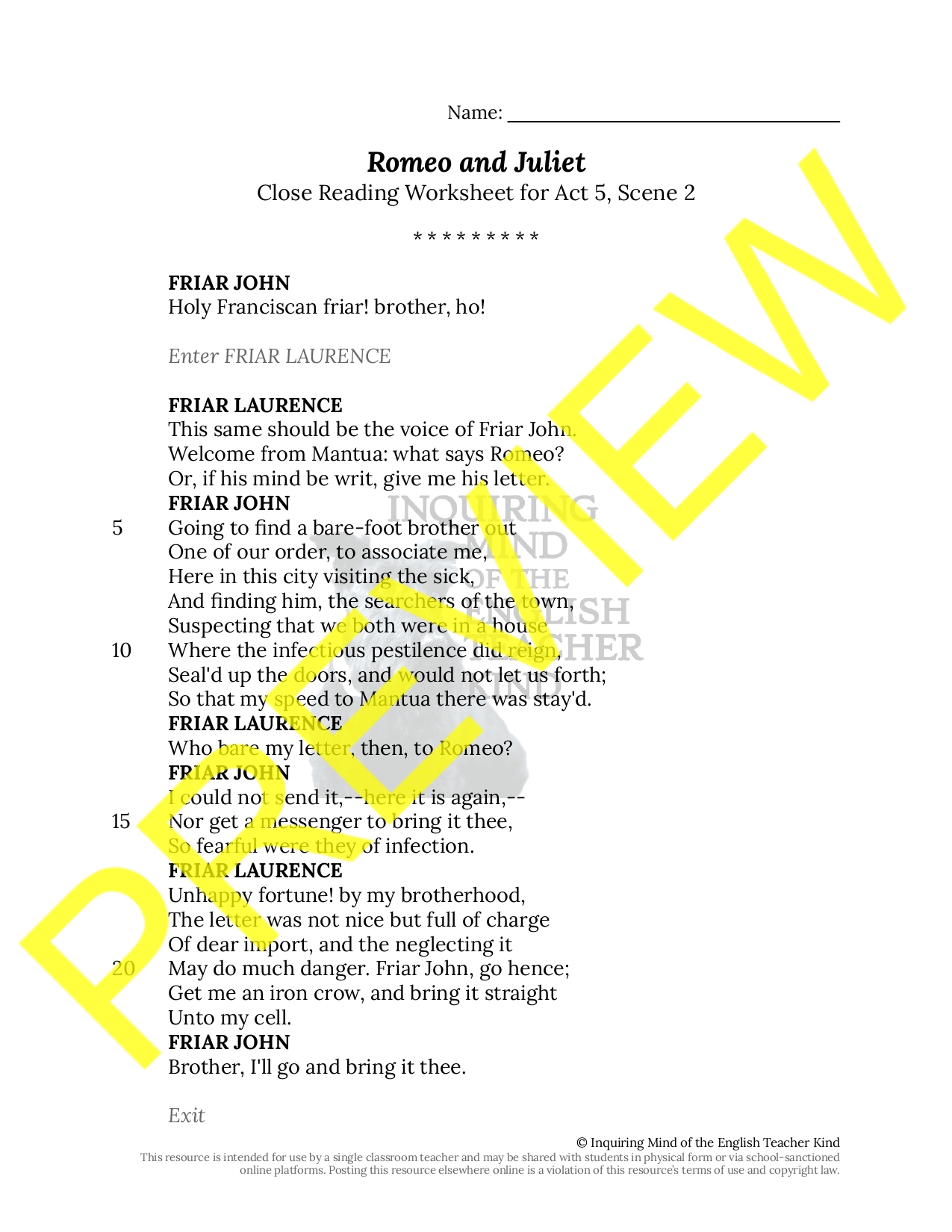 Romeo and Juliet Act 5 Scene 2 Close Reading Worksheet | Teaching Resources