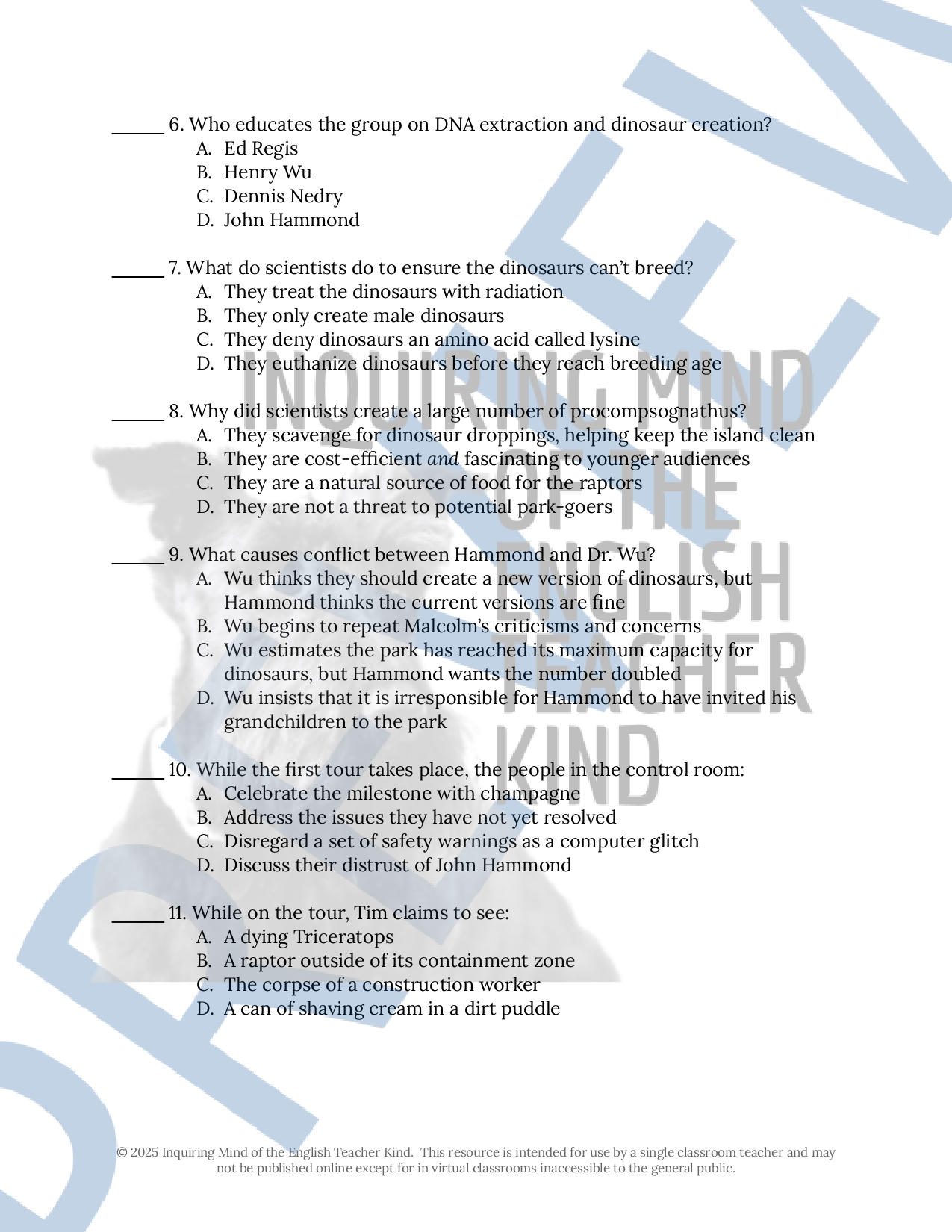 Jurassic Park by Michael Crichton Third Iteration Quiz and Answer Key ...