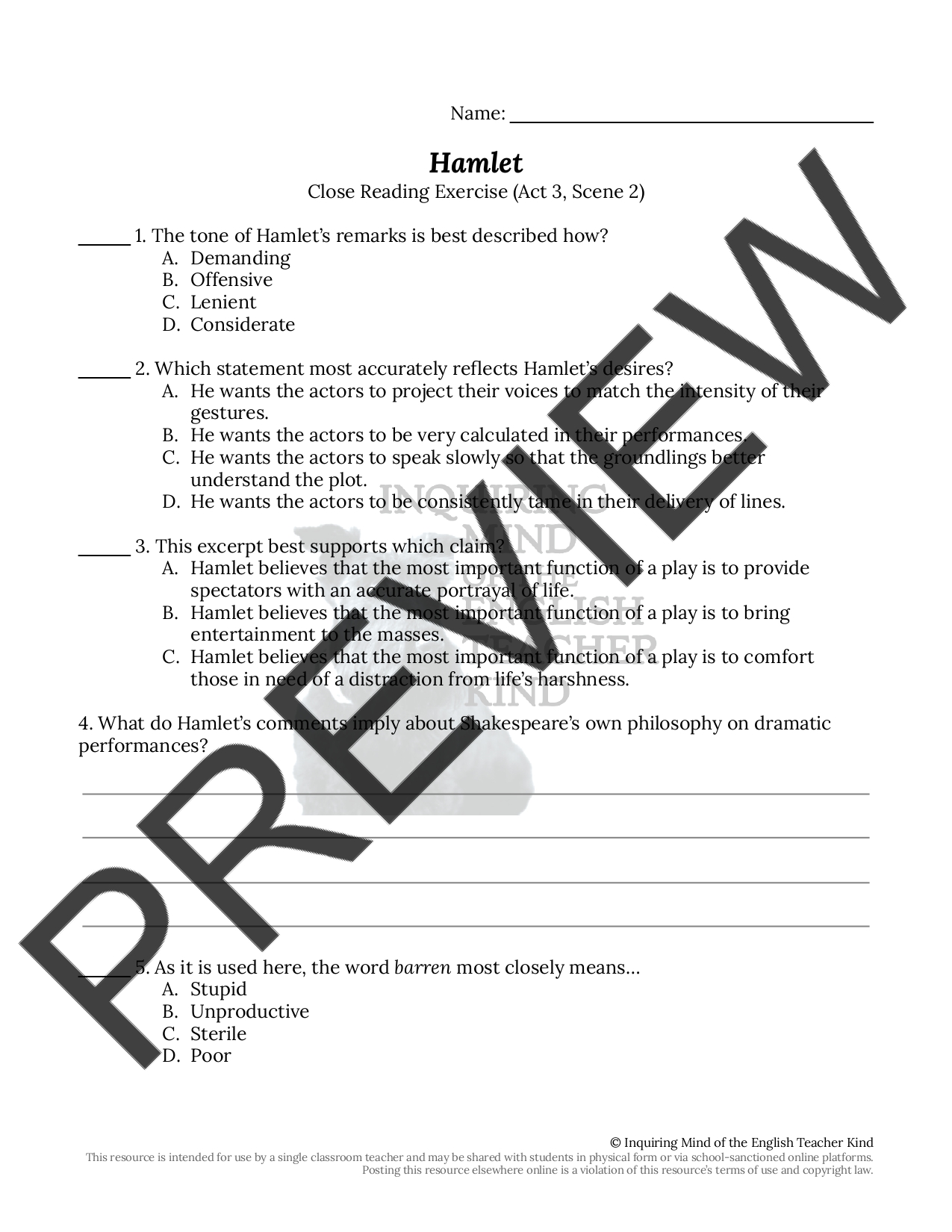Hamlet Act 3 Scene 2 Close Reading Worksheet | Teaching Resources