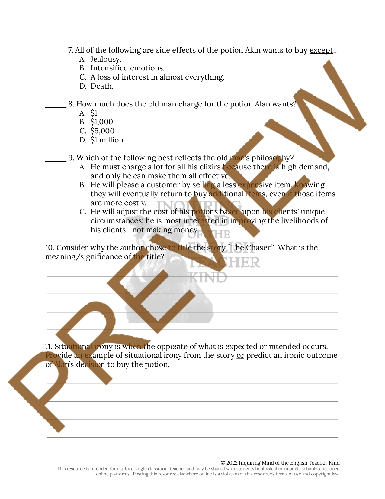 "The Chaser" by John Collier Quiz and Answer Key | Teaching Resources