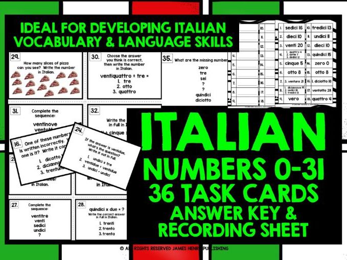 ITALIAN NUMBERS 0-31 CHALLENGE CARDS | Teaching Resources