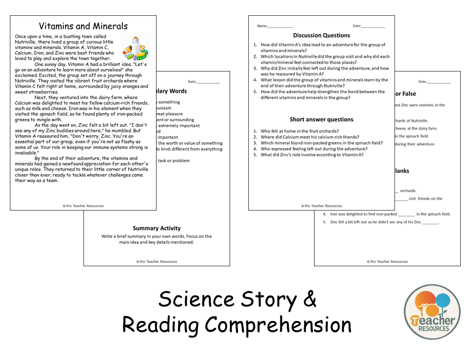 Vitamins and Minerals Reading Science Story Comprehension Questions ...