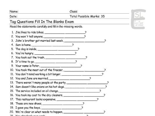 Tag Questions Fill In The Blanks Exam Teaching Resources
