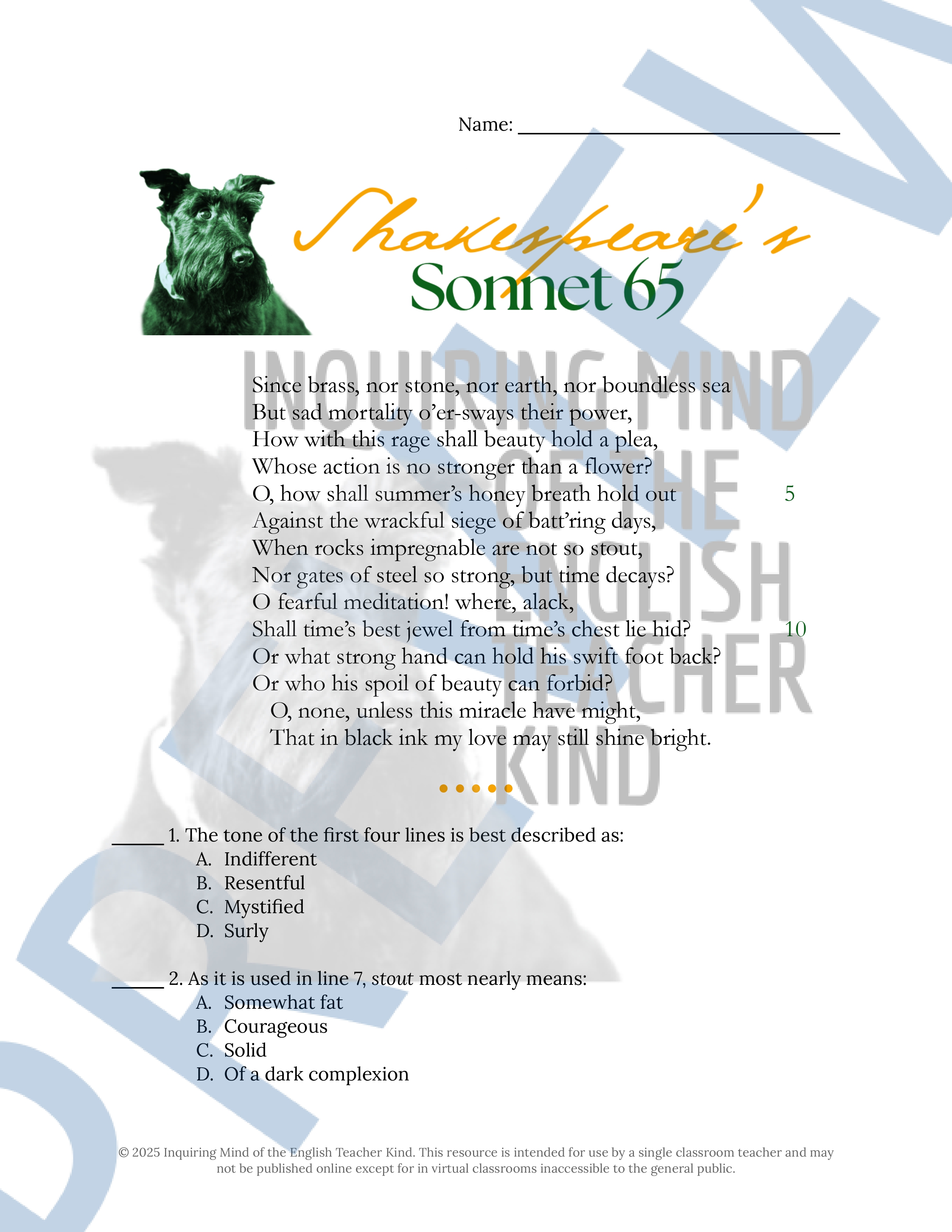 Shakespeare's Sonnet 65 Close Reading Worksheet and Answer Key | Poetry ...