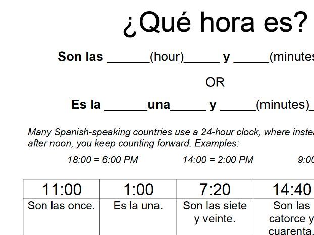 Telling Time Handout Spanish Teaching Resources