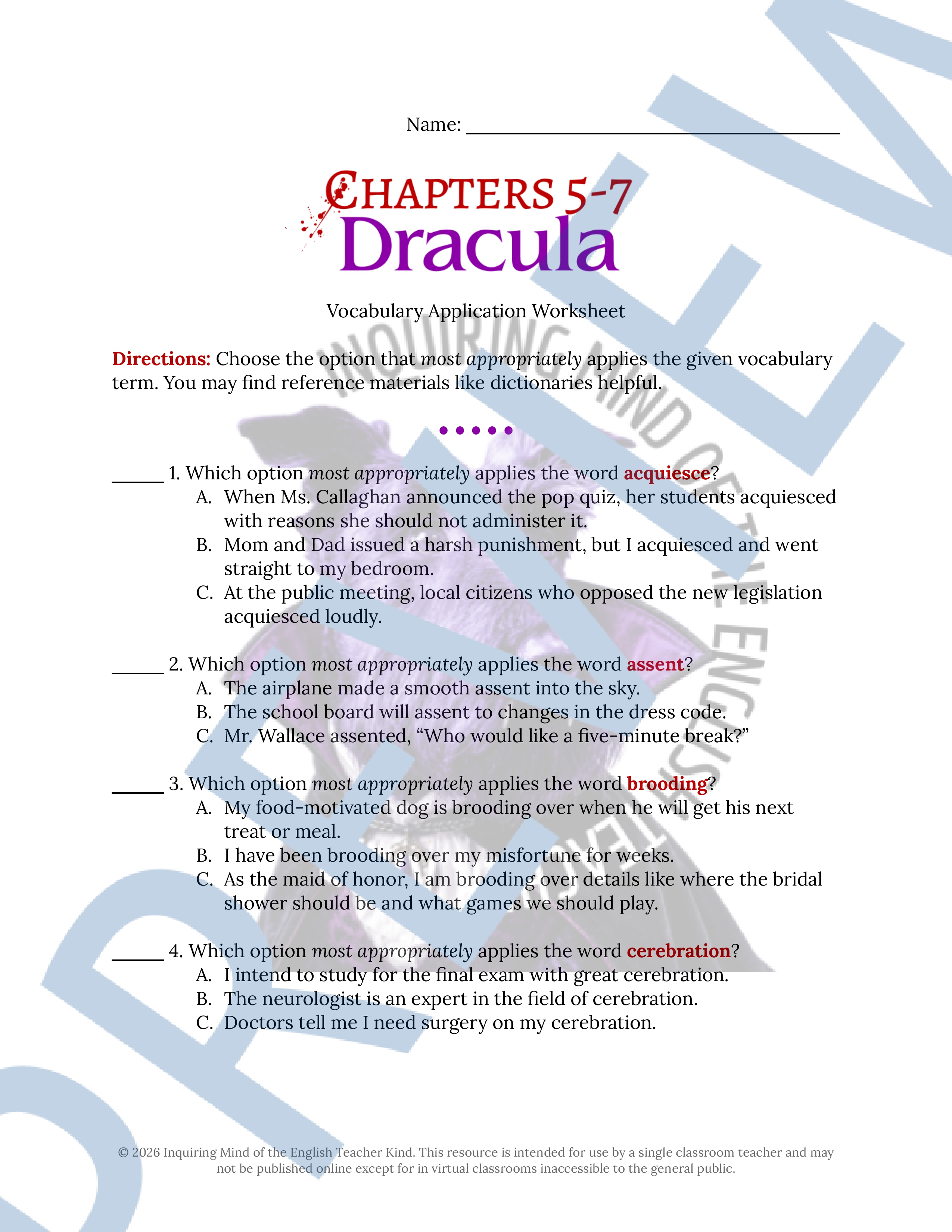 Dracula Chapters 5, 6, and 7 Vocabulary Worksheet, Crossword Puzzle ...