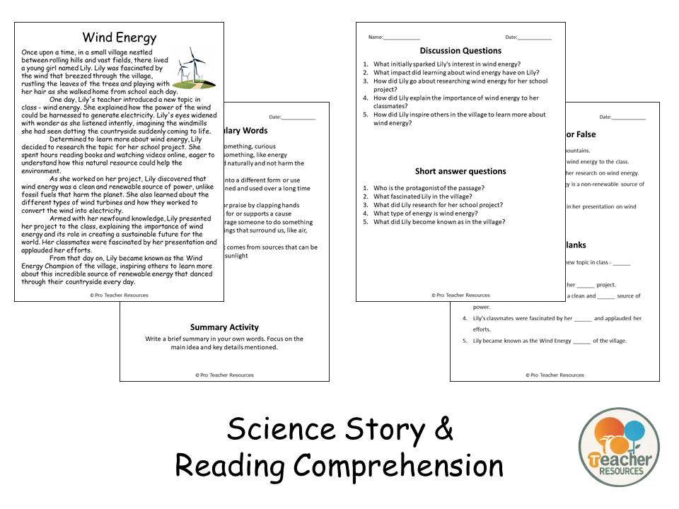 Wind Energy Reading Science Story Comprehension Questions Worksheet ...