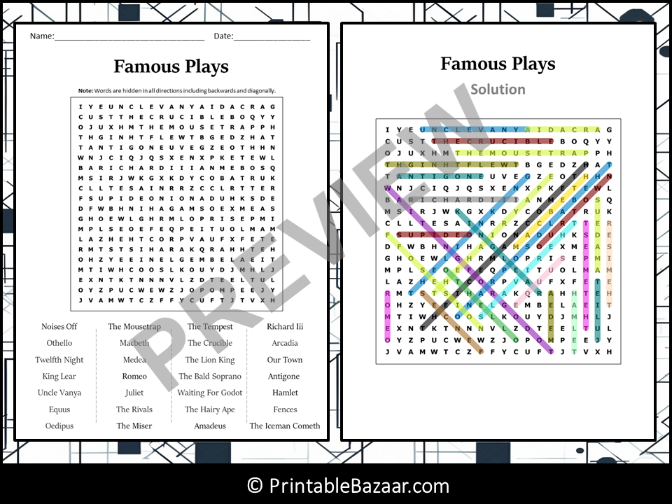 Famous Plays Word Search Puzzle Worksheet Activity | Teaching Resources