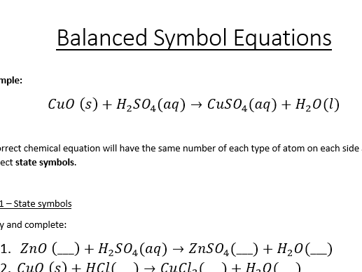 Balanced symbol equations practice sheet | Teaching Resources