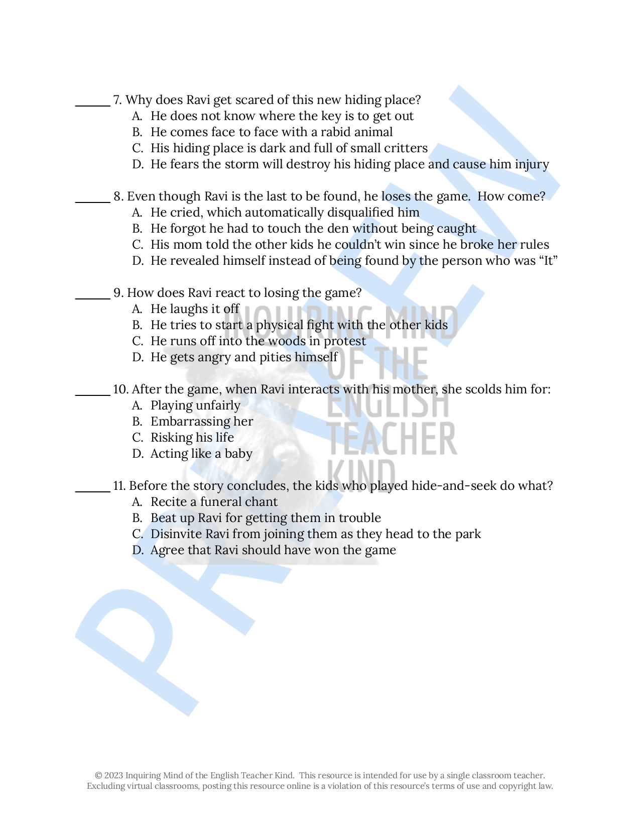 "Games at Twilight" by Anita Desai Quiz and Answer Key | Teaching Resources