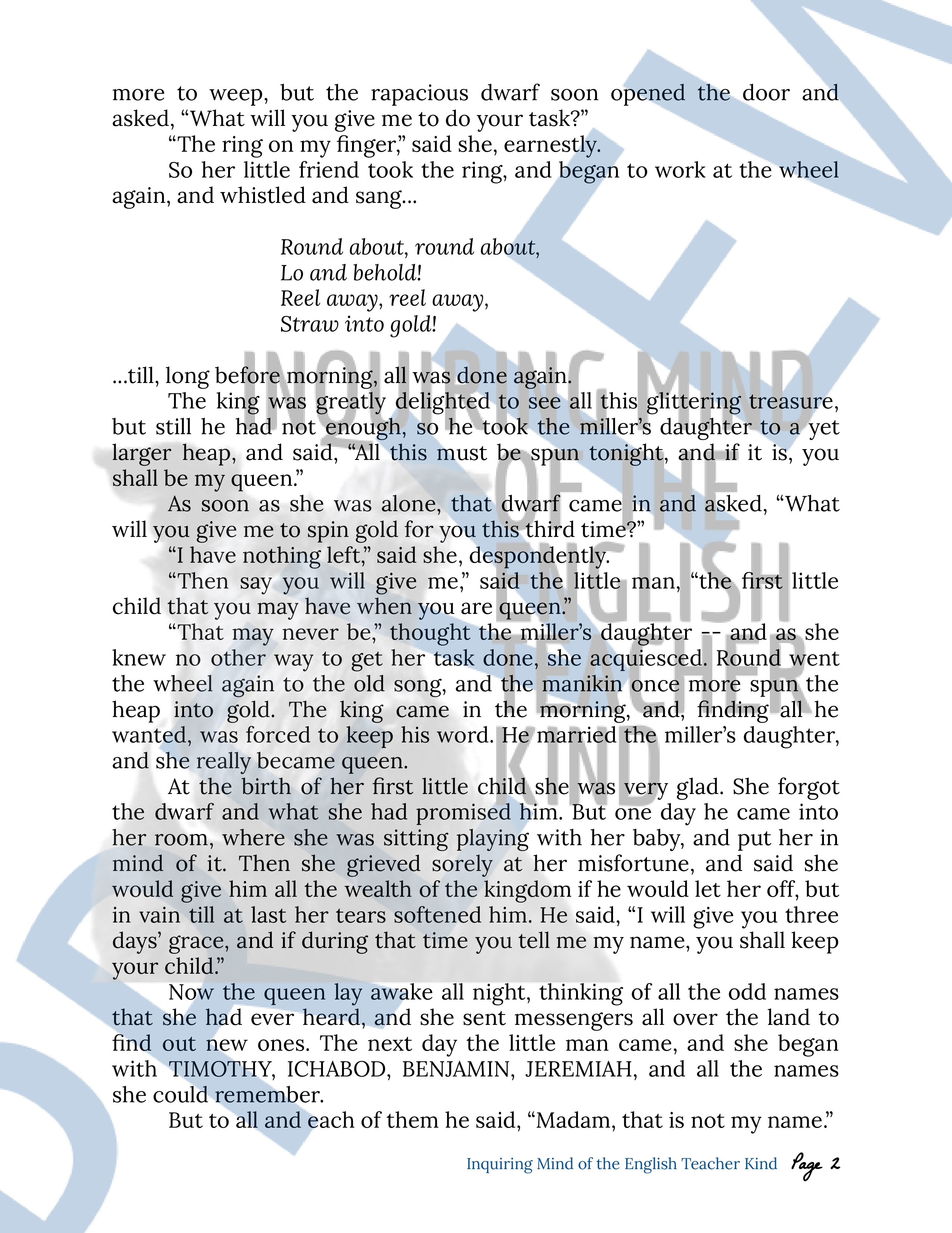 "Rumpelstiltskin" Quiz and Answer Key (Grimm's Fairy Tale | Fantasy ...