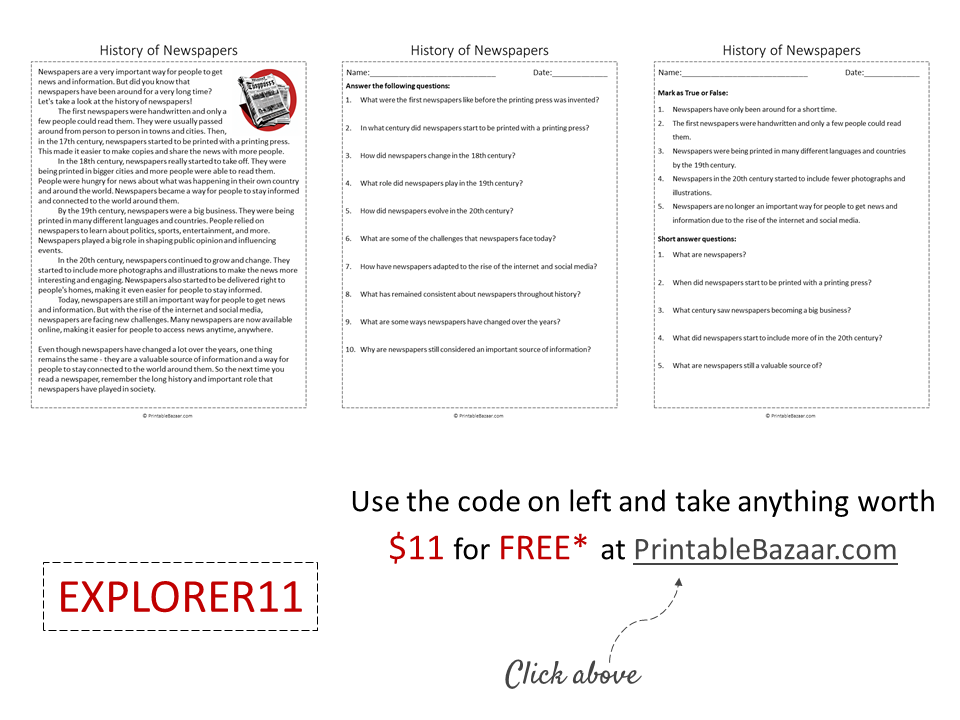 History of Newspapers Reading Comprehension Passage Printable Worksheet ...