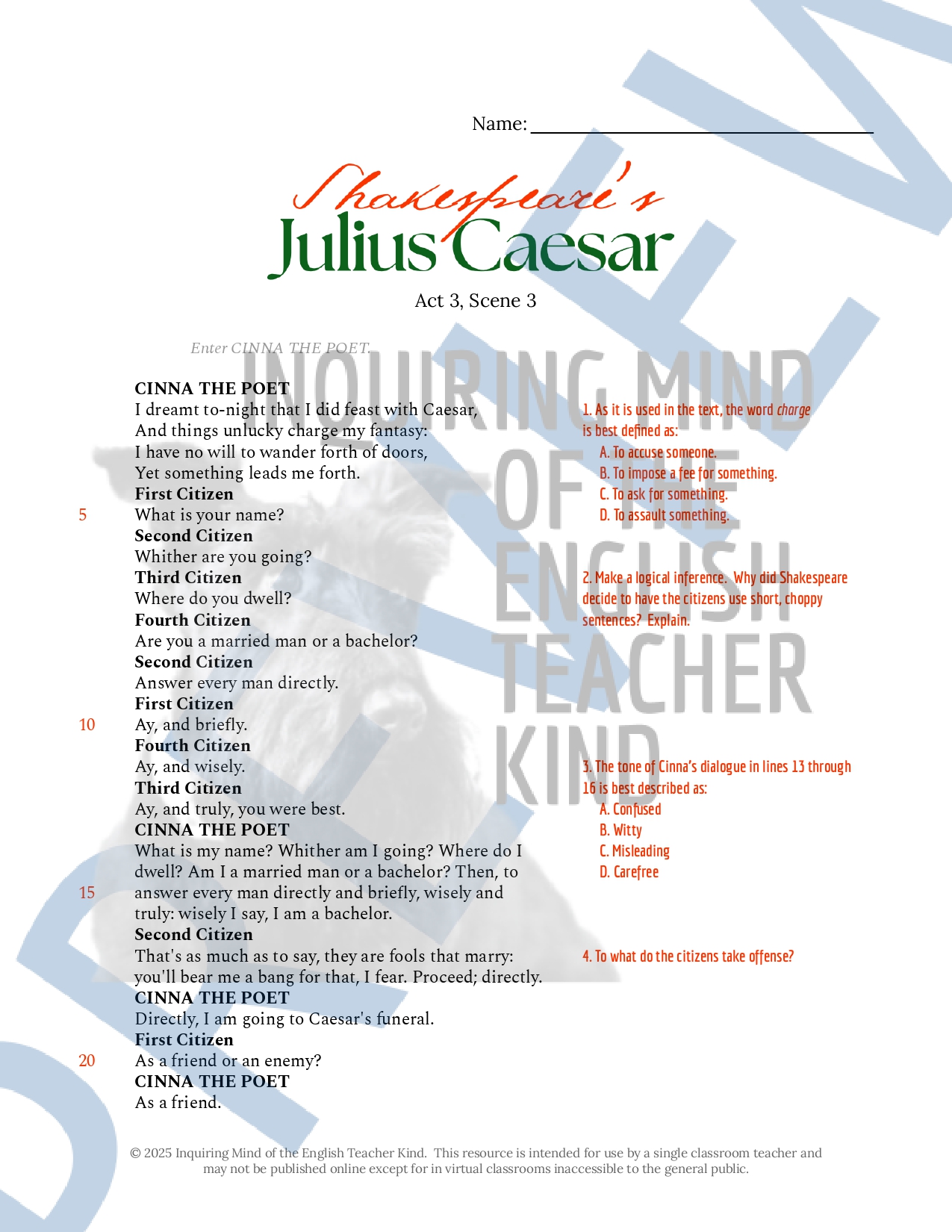Julius Caesar Act 3 Scene 3 Close Reading Analysis Worksheet and Answer ...