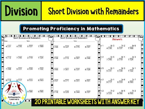 Short Division with Remainders Worksheets math problems | Teaching ...